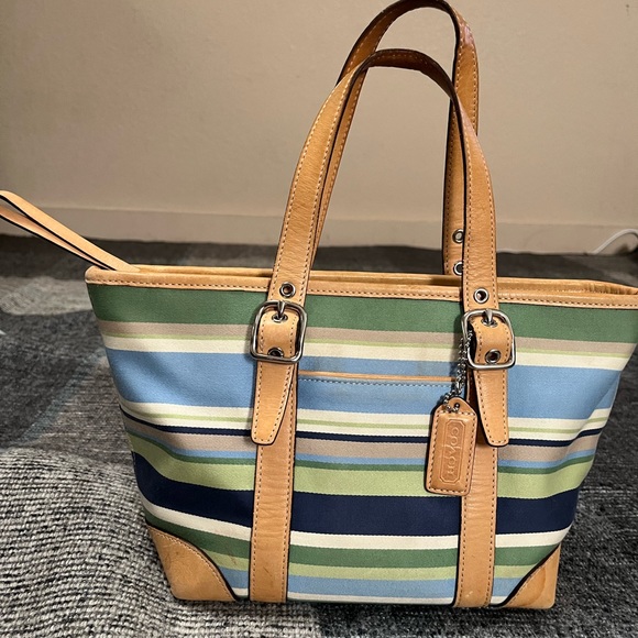 Coach | Bags | Coach Striped Hand Tote Bag Blue Green Brown | Poshmark